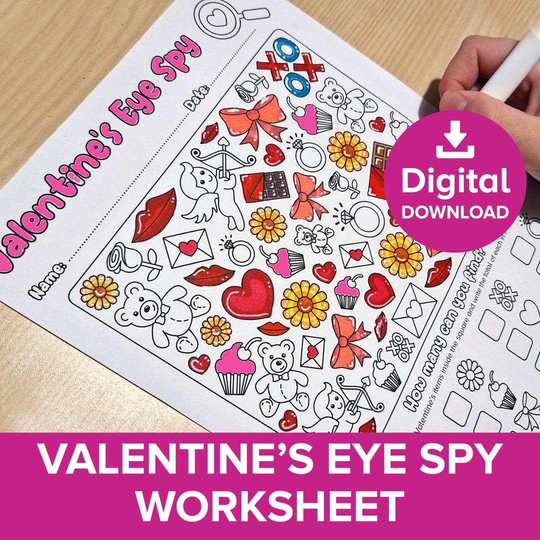 Valentine's Eye Spy Worksheet, Kids Love Day Spot & Color Challenge ...