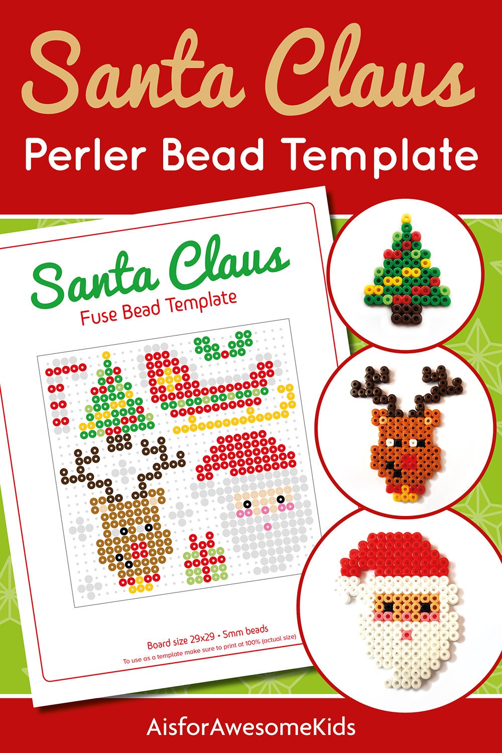 Christmas Fuse Bead Template, Santa Claus Craft Pattern, Hama Perler ...
