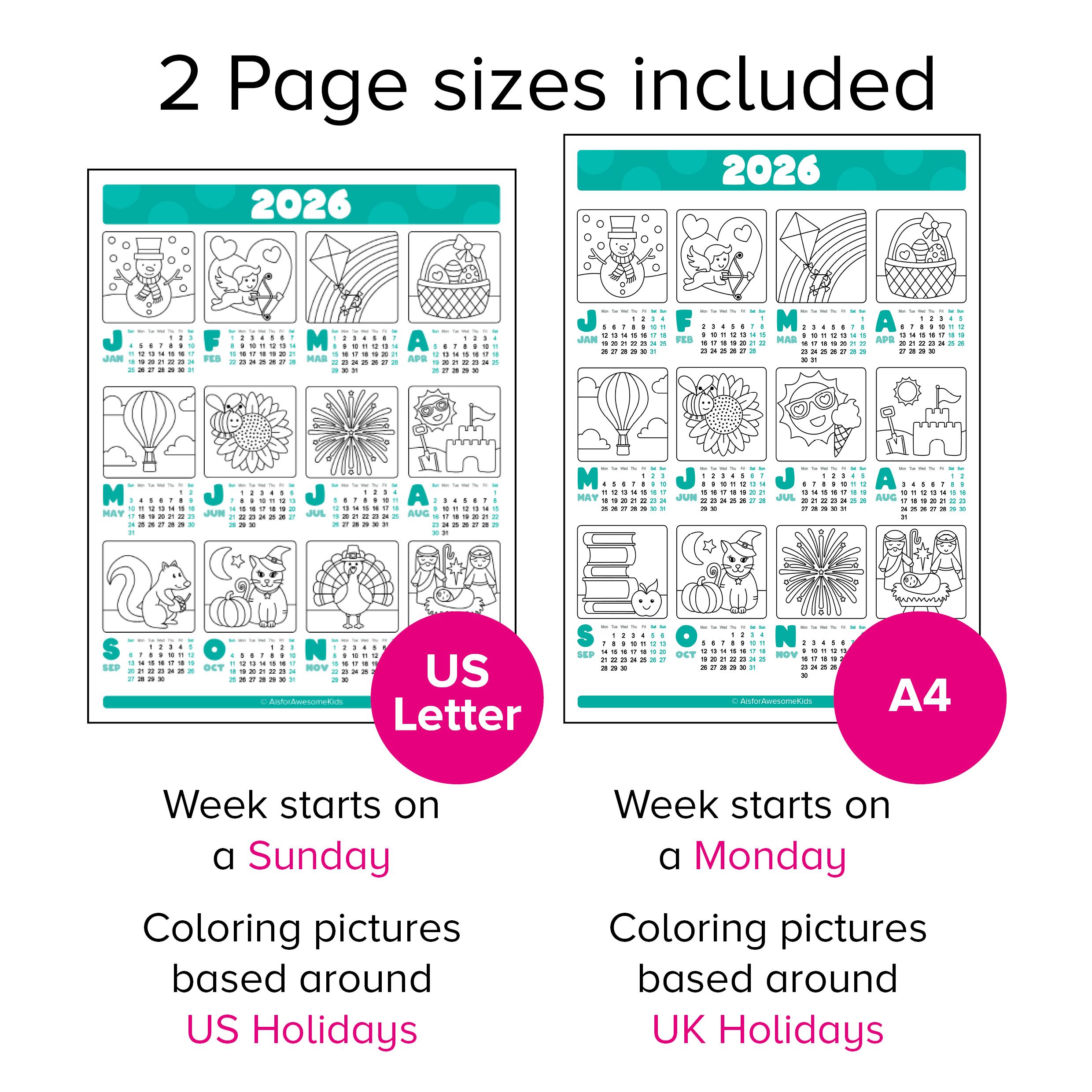 2026 Coloring Calendar, 1-page Photo Calendar, Kids Make Your Own Year ...