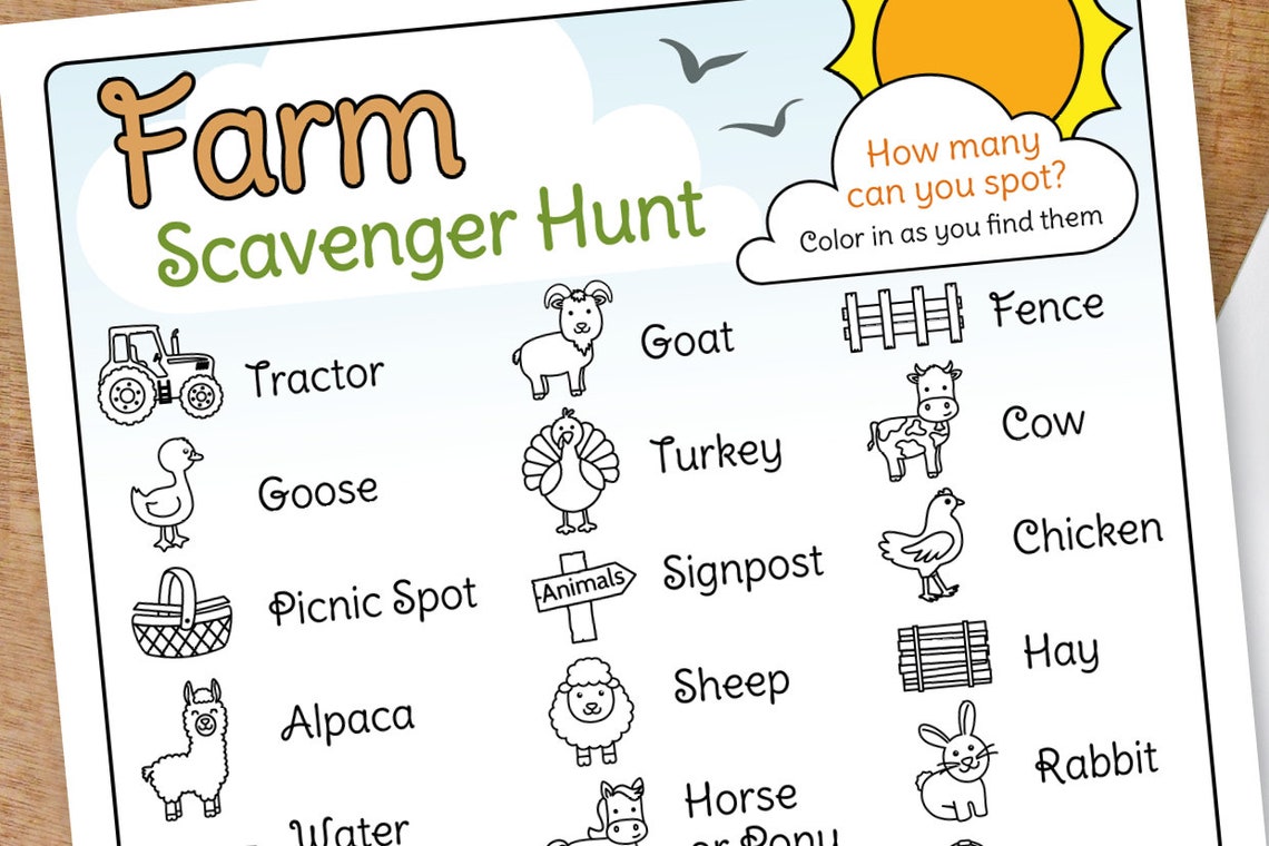 Farm Scavenger Hunt, Kids Animal Park Treasure Hunt, Children Outdoor ...