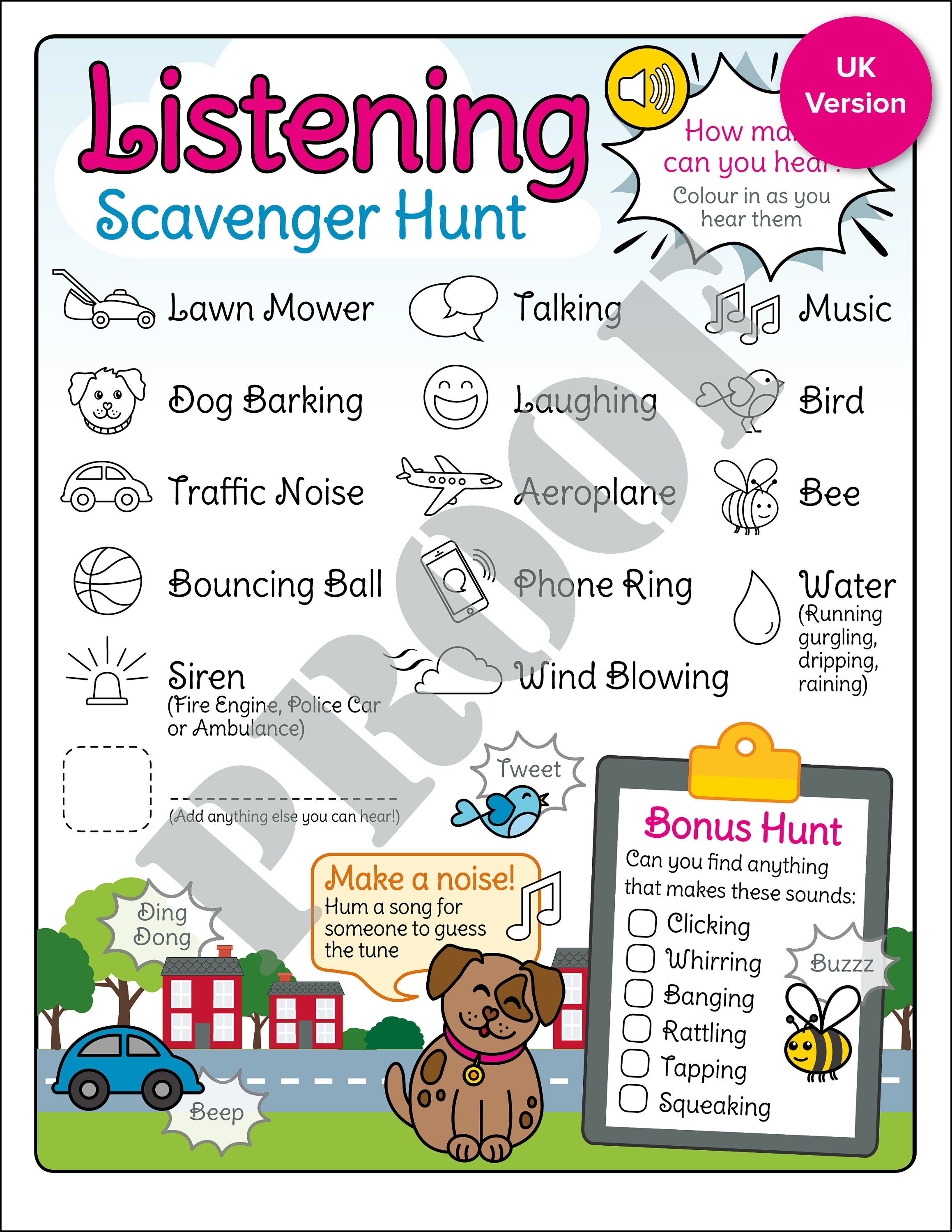 Listening Scavenger Treasure Hunt, Kids Sound Walk, Outdoor Coloring ...