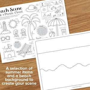 Beach Scene Cut & Paste Craft, Seaside Coloring Page Activity, Summer ...