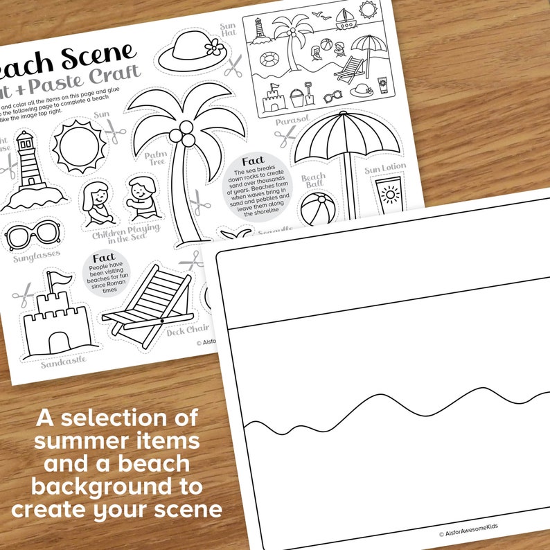 Beach Scene Cut & Paste Craft, Seaside Coloring Page Activity, Summer ...