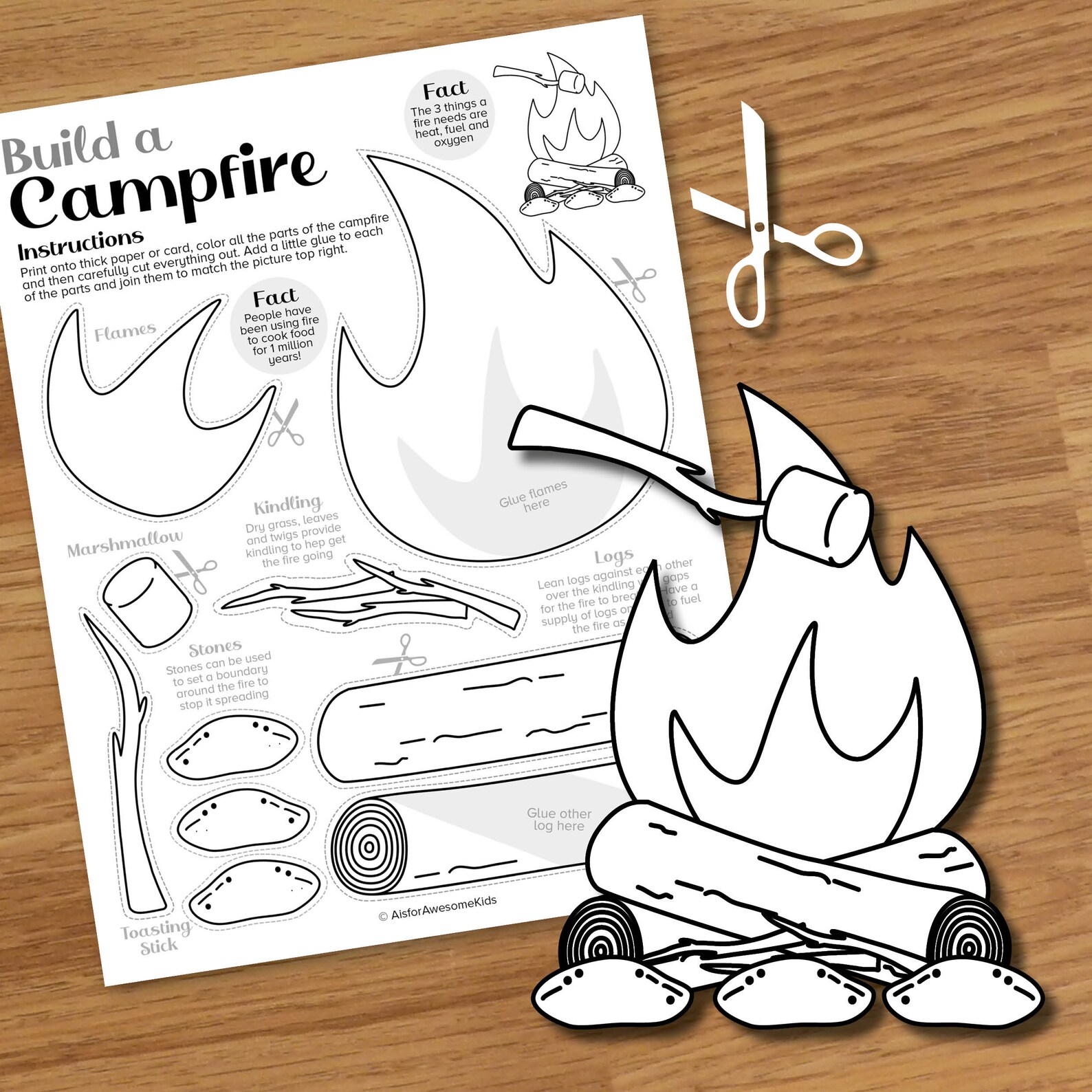 Campfire Cut & Paste Craft Printable, Summer Camping Color and Build ...