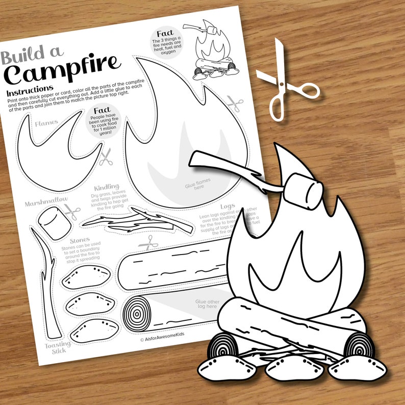 Campfire Cut & Paste Craft Printable, Summer Camping Color and Build ...