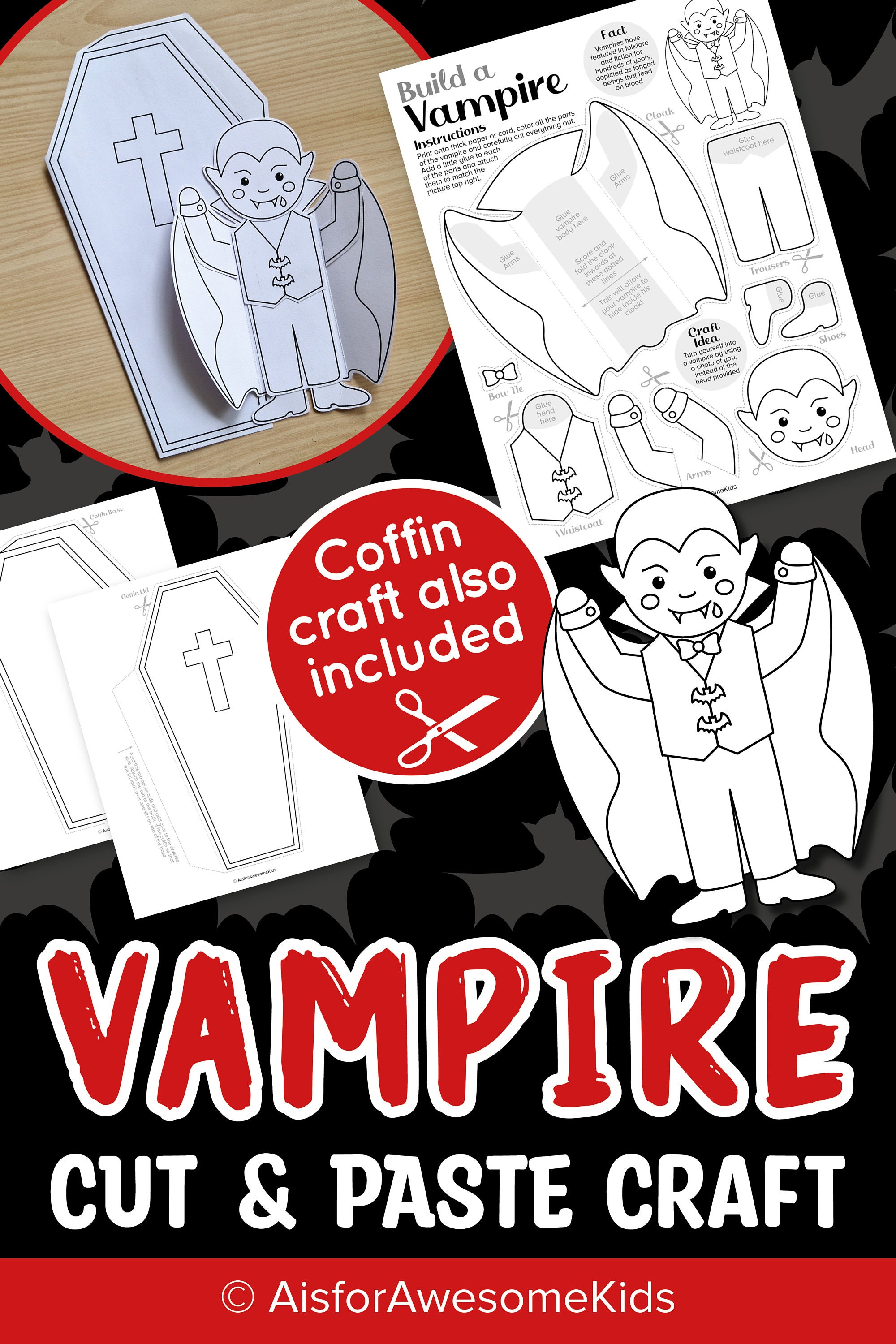 Build a Vampire Cut & Paste Craft, Halloween Paper Doll Model Coloring ...