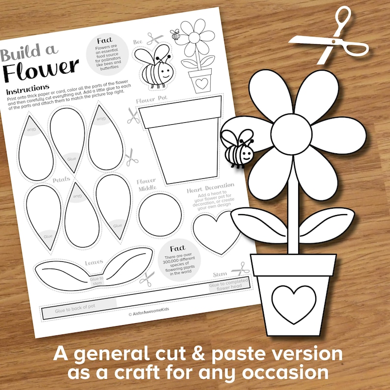 Flower Cut & Paste Craft Printable, Build a Spring Plant Pot Coloring ...