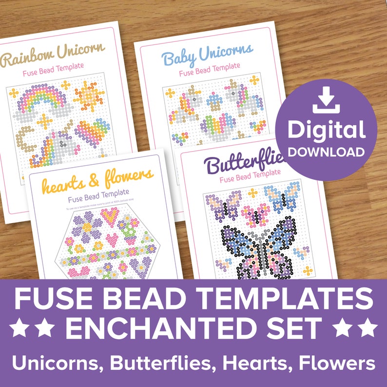 Unicorn & Butterfly Fuse Bead Template Bundle, Hearts and Flowers ...