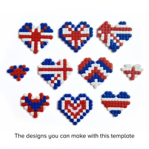 Union Jack Hearts Fuse Bead Template, Love England UK Flag Craft, Hama ...