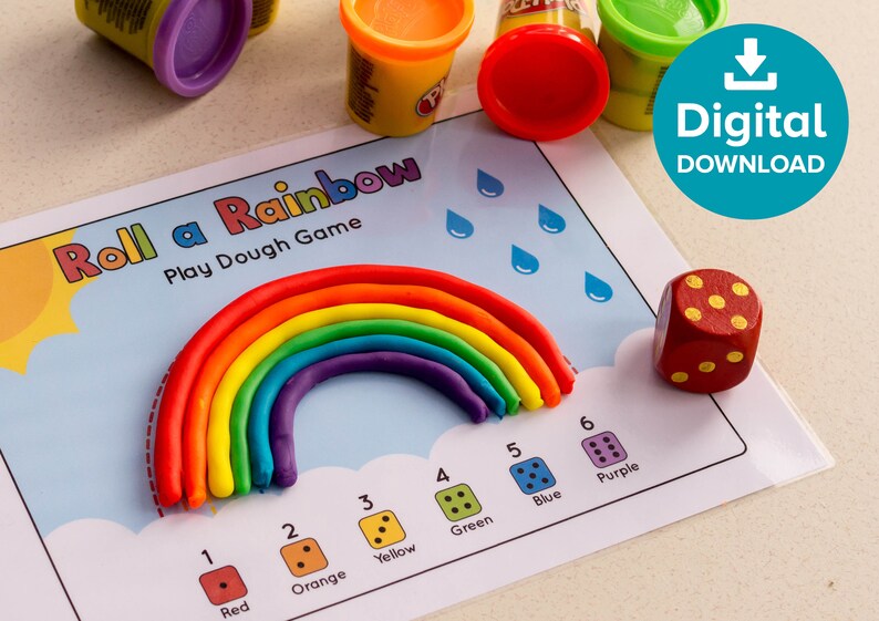 Roll a Rainbow Play Dough Mat Dice Game, Kids Playdough Activity, St ...