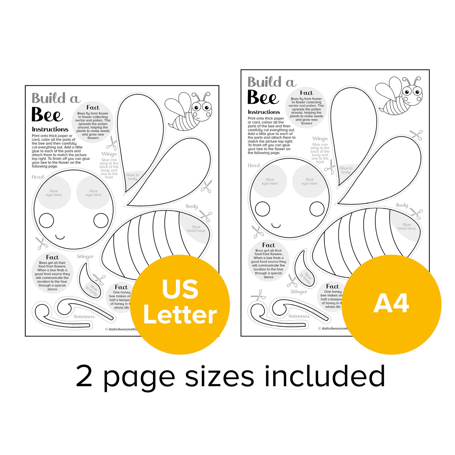Bee Cut & Paste Craft Printable, Spring Bug Color and Build Kit, Summer ...