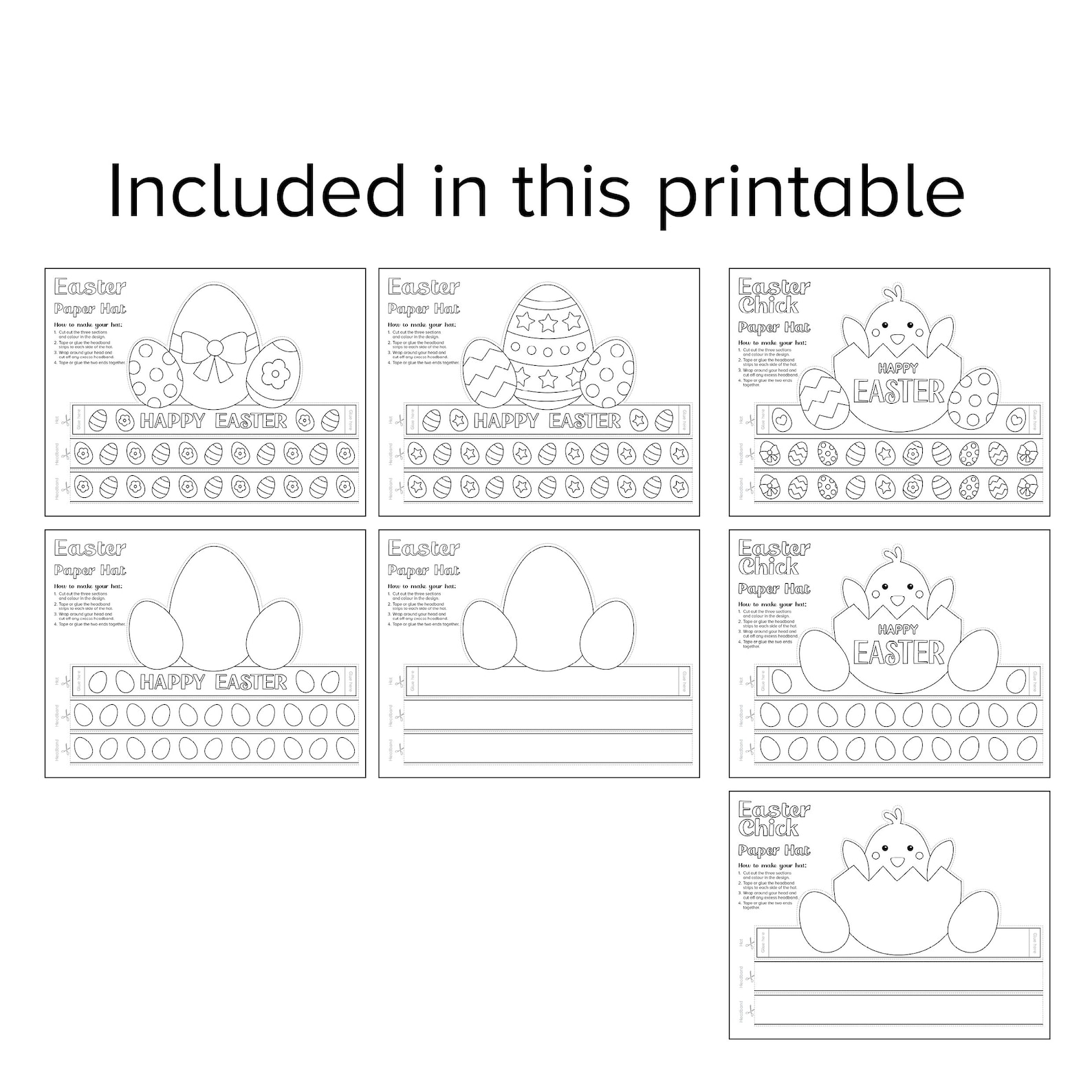 Easter Bonnet Paper Hat Coloring Crafts, Spring Chick Egg Hunt Party ...