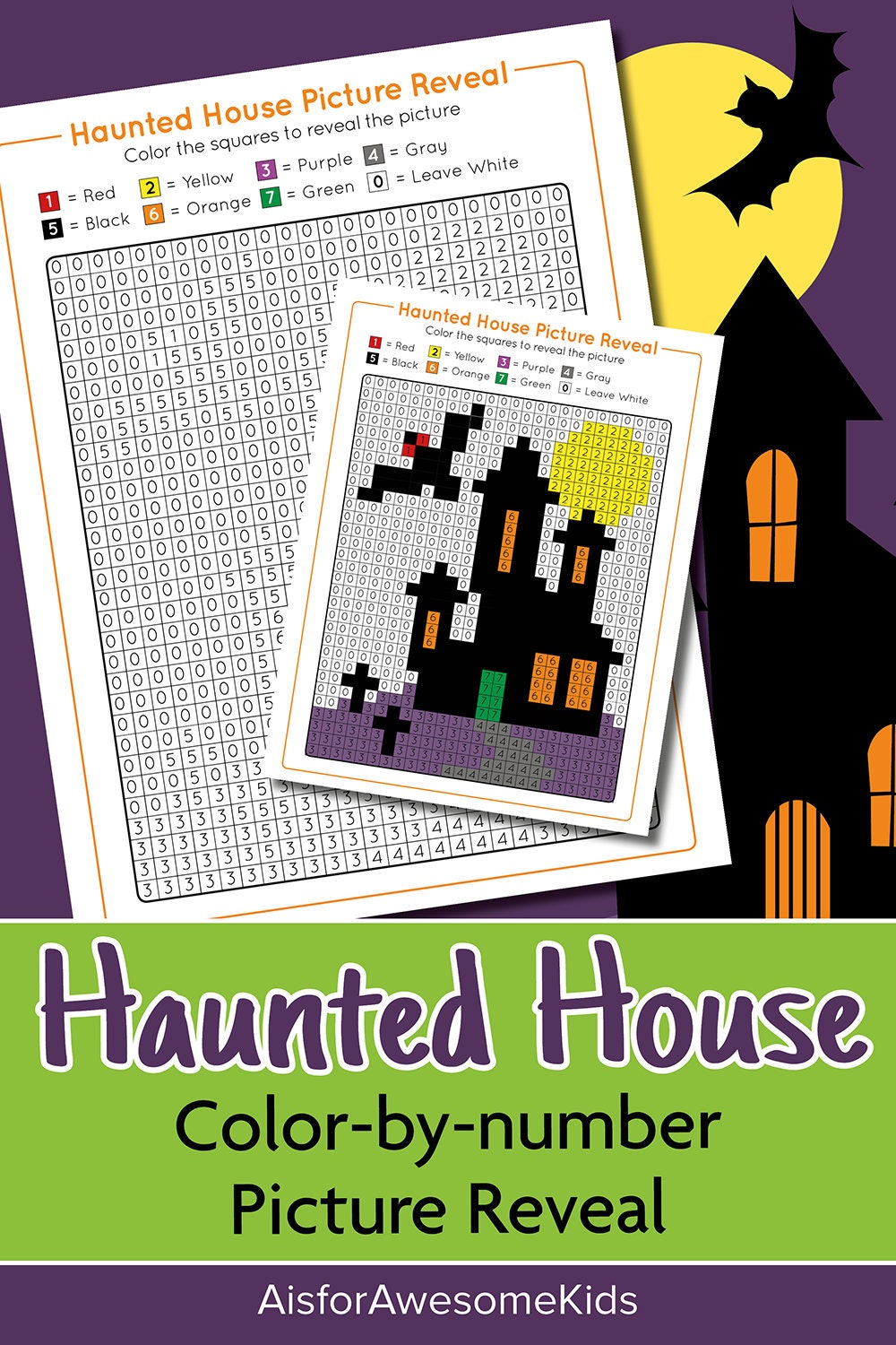 Halloween Color by Number Coding Worksheet, Haunted House Picture ...