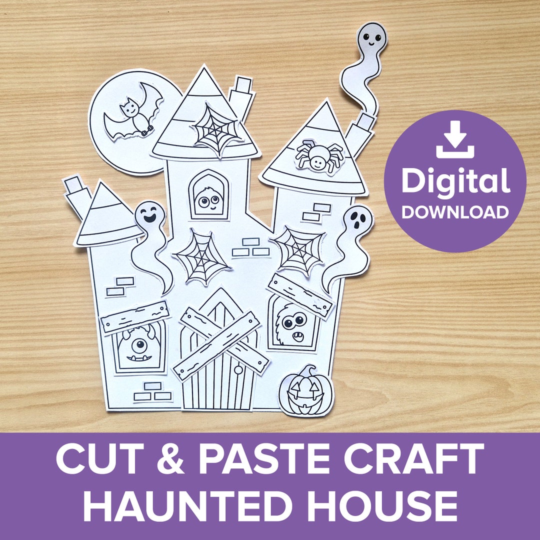 Haunted House Cut & Paste Craft, Build a Halloween Mansion Coloring ...