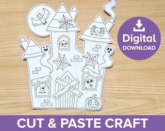 Haunted House Cut & Paste Craft, Build a Halloween Mansion Coloring ...