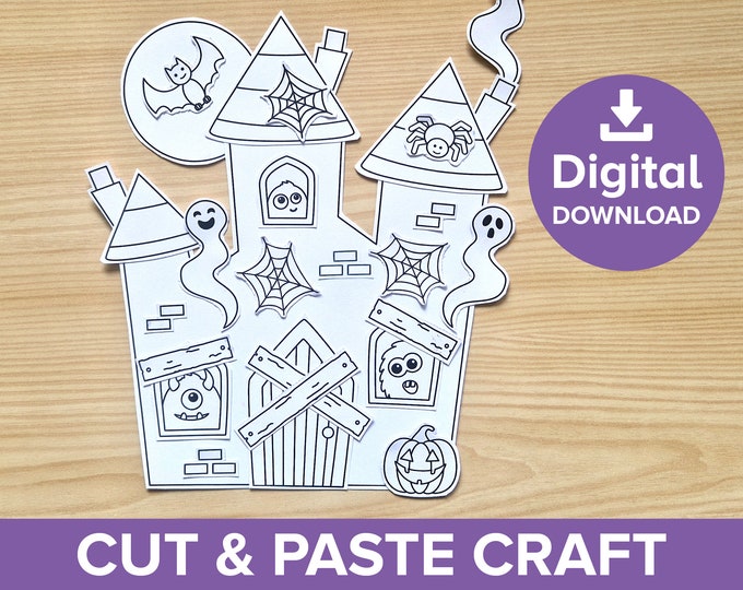 Haunted House Cut & Paste Craft, Build a Halloween Mansion Coloring ...