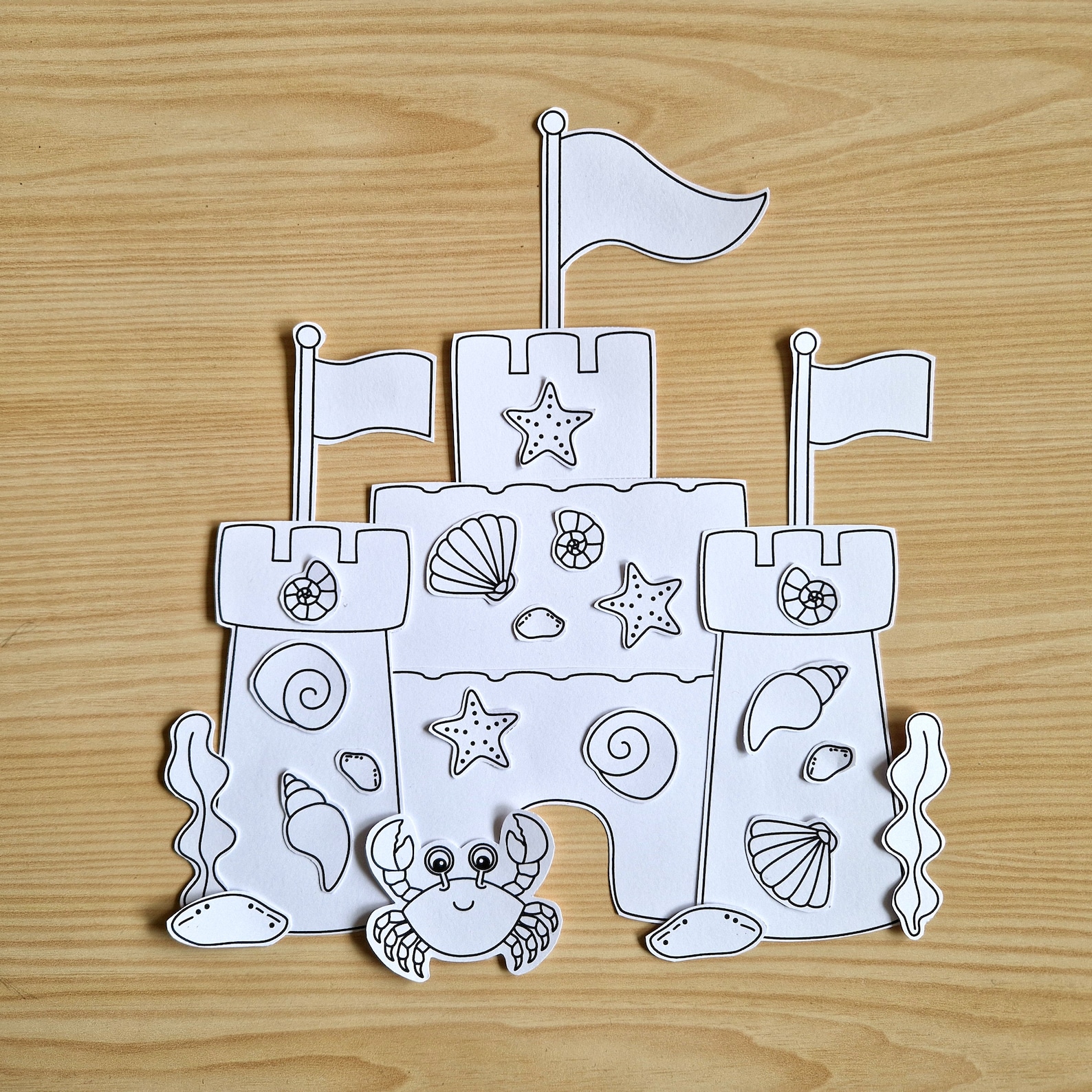 Sandcastle Cut & Paste Craft Printable, Beach Castle Color Build Kit ...