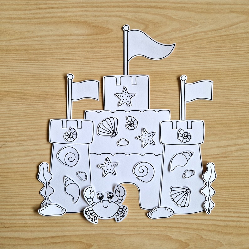 Sandcastle Cut & Paste Craft Printable, Beach Castle Color Build Kit ...