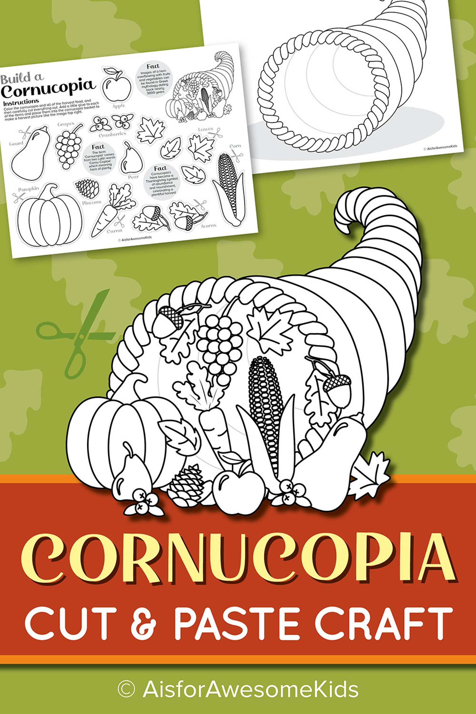 Build a Cornucopia Cut & Paste Craft, Thanksgiving Basket Model, Fall ...