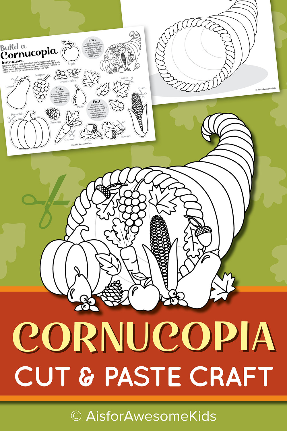 Build a Cornucopia Cut & Paste Craft, Thanksgiving Basket Model, Fall ...