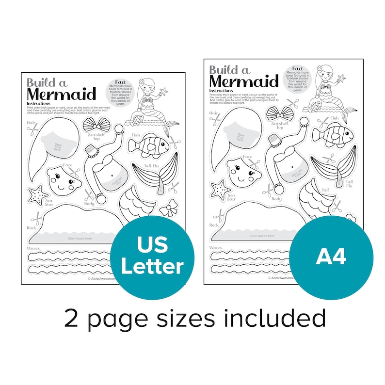 Mermaid Cut & Paste Craft Printable, Marine Girl Color Build Kit, Ocean ...