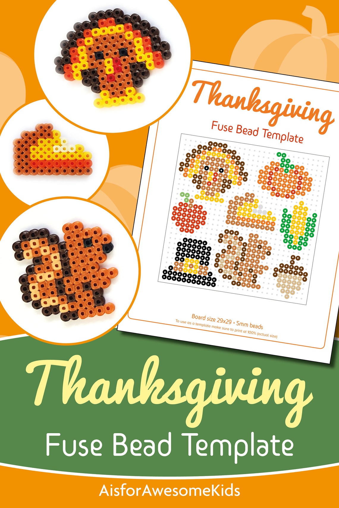 Thanksgiving Fuse Bead Template, Hama Perler Nabbi Beads Turkey Craft ...