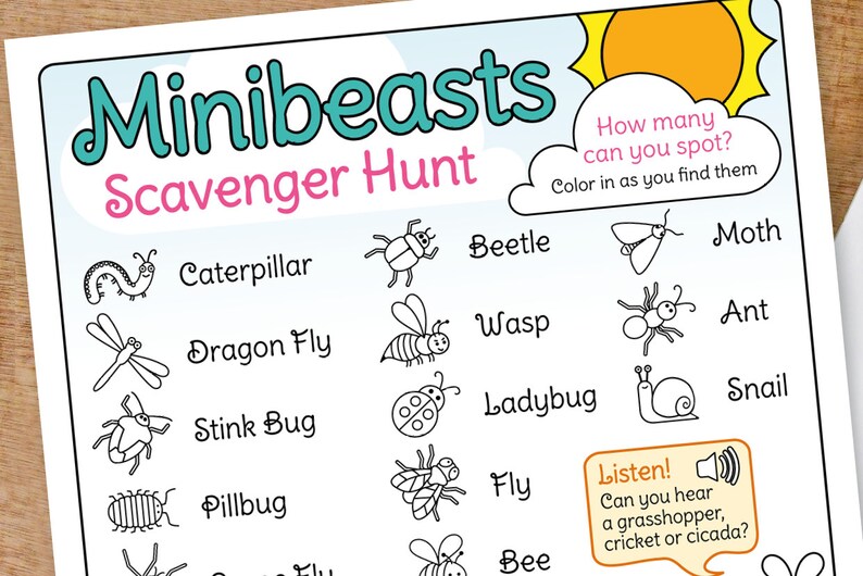 Minibeasts Scavenger Hunt, Kids Spot & Color Insect Nature Walk ...