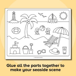 Beach Scene Cut & Paste Craft, Seaside Coloring Page Activity, Summer ...