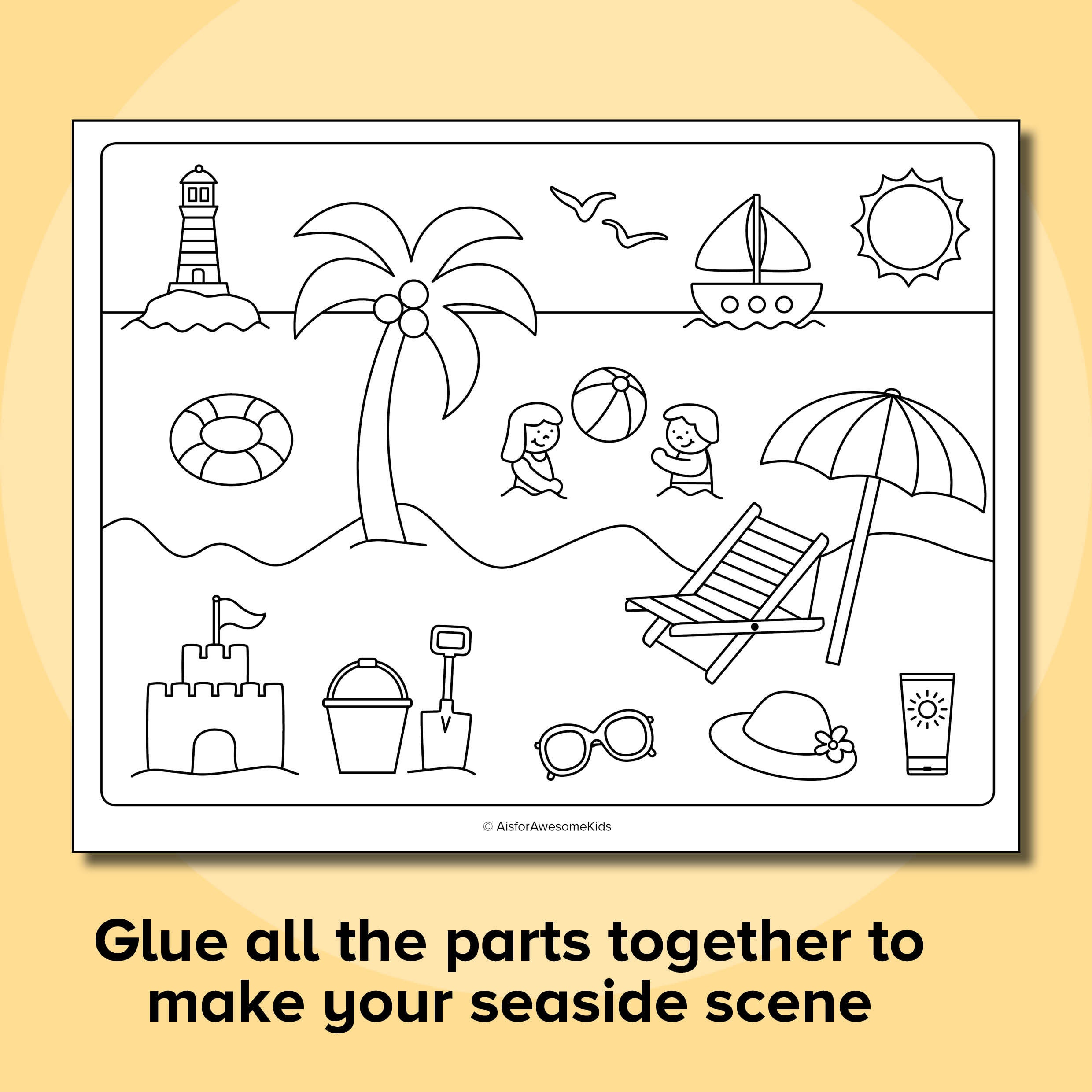 Beach Scene Cut & Paste Craft, Seaside Coloring Page Activity, Summer ...