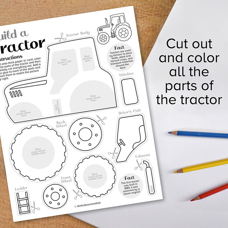 Tractor Cut & Paste Craft Printable, Spring Farmyard Vehicle Color and ...