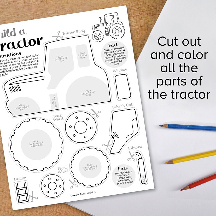 Tractor Cut & Paste Craft Printable, Spring Farmyard Vehicle Color and ...