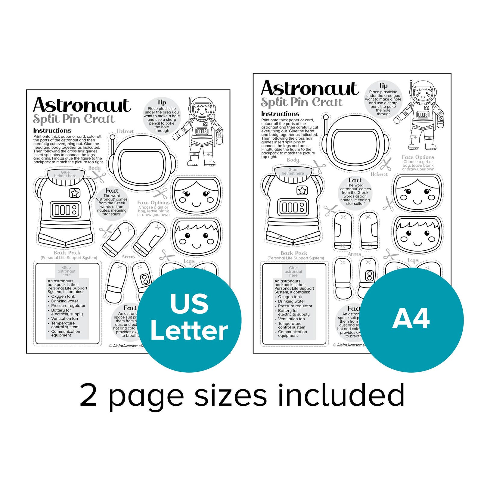 Astronaut Split Pin Craft, Color and Build Spaceman Puppet, Kids Paper ...