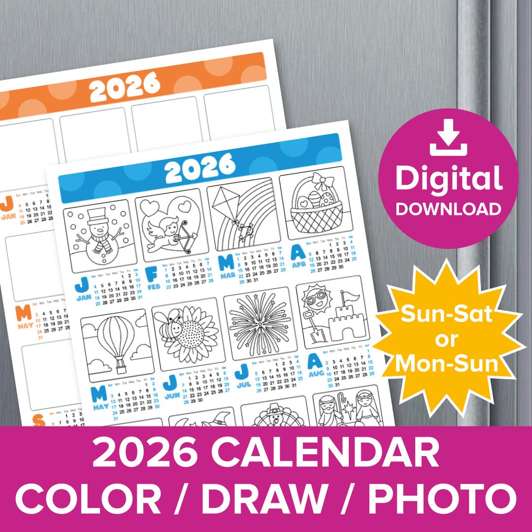 2026 Coloring Calendar, 1-page Photo Calendar, Kids Make Your Own Year ...