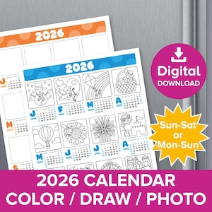 2026 Coloring Calendar, 1-page Photo Calendar, Kids Make Your Own Year ...