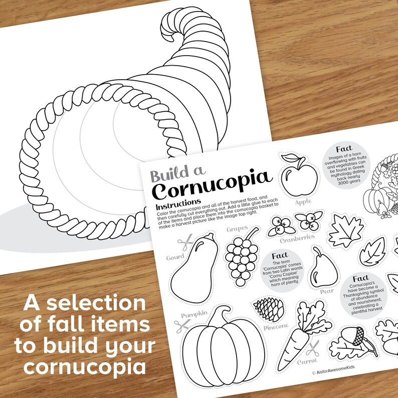 Build a Cornucopia Cut & Paste Craft, Thanksgiving Basket Model, Fall ...