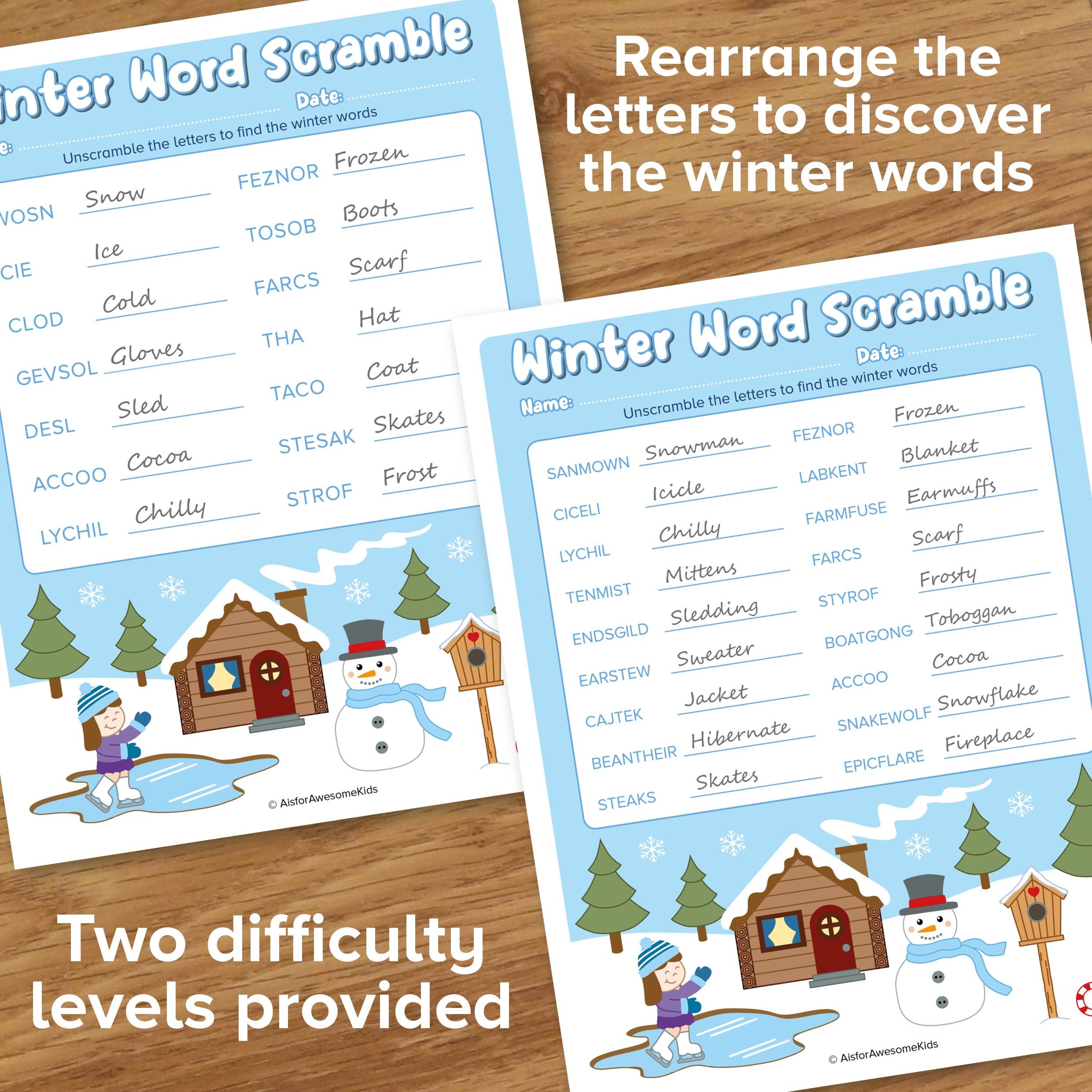 Winter Word Scramble Worksheet, Kids Christmas Anagram Challenge, Snowy ...