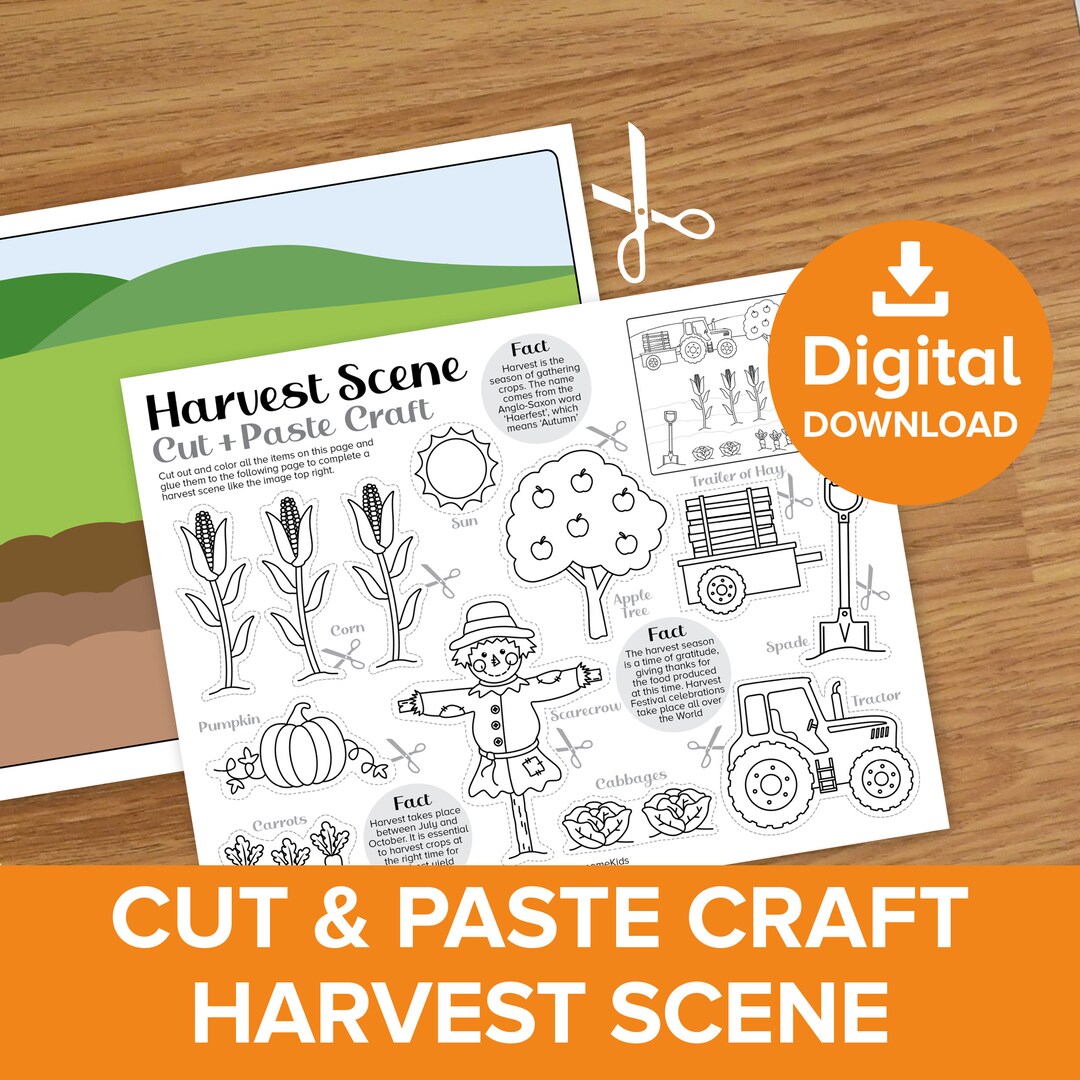Harvest Scene Cut & Paste Craft, Farm Field Thanksgiving Coloring Page ...