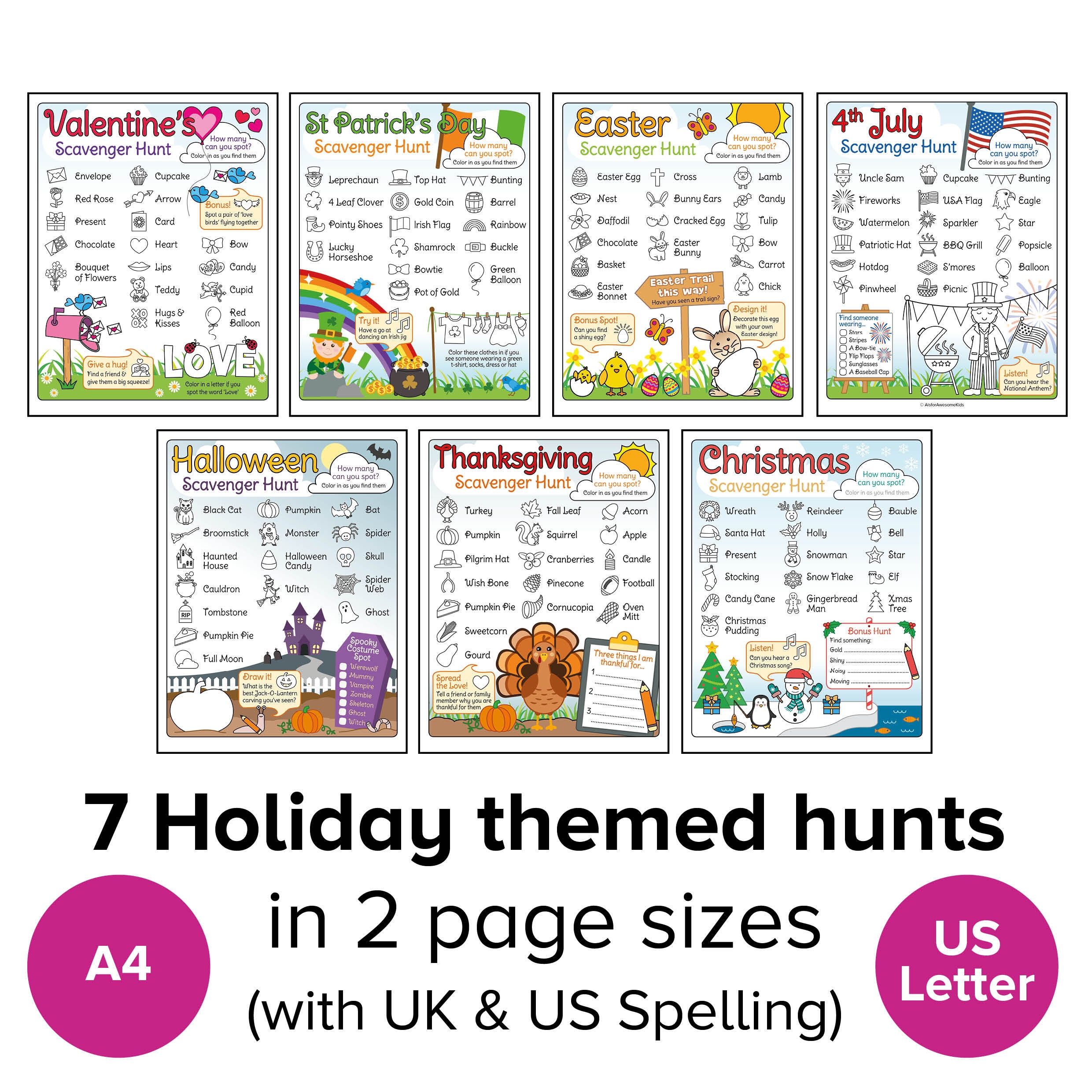 National Holidays Scavenger Hunt Bundle, 7 Celebration Find & Color ...