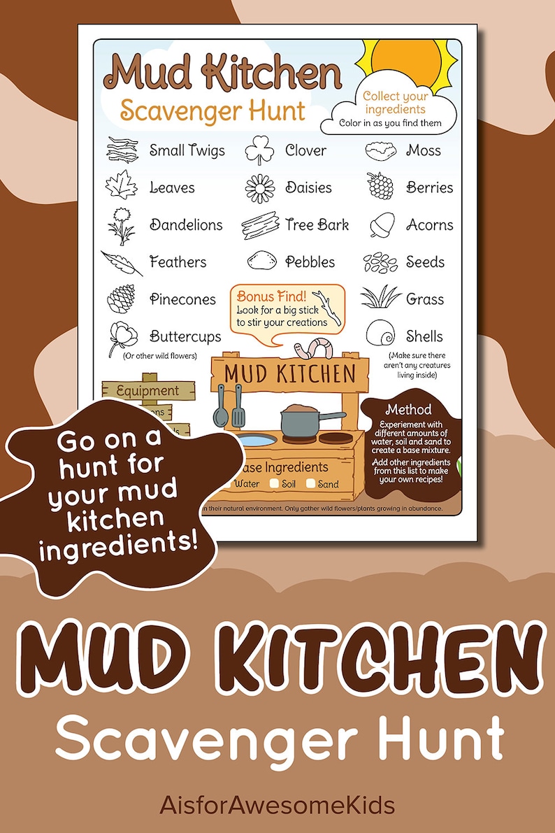 Mud Kitchen Scavenger Hunt List, Kids Outdoor Nature Cooking Treasure ...