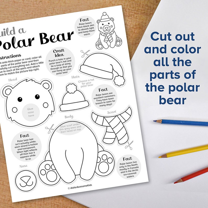 Polar Bear Cut & Paste Craft, Christmas Color and Build Kit, Paper Doll ...