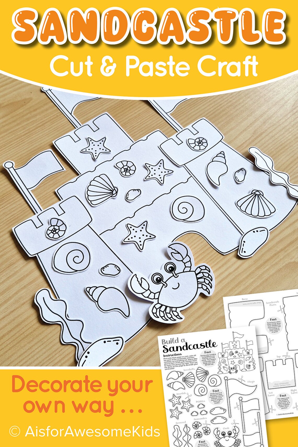 Sandcastle Cut & Paste Craft Printable, Beach Castle Color Build Kit ...