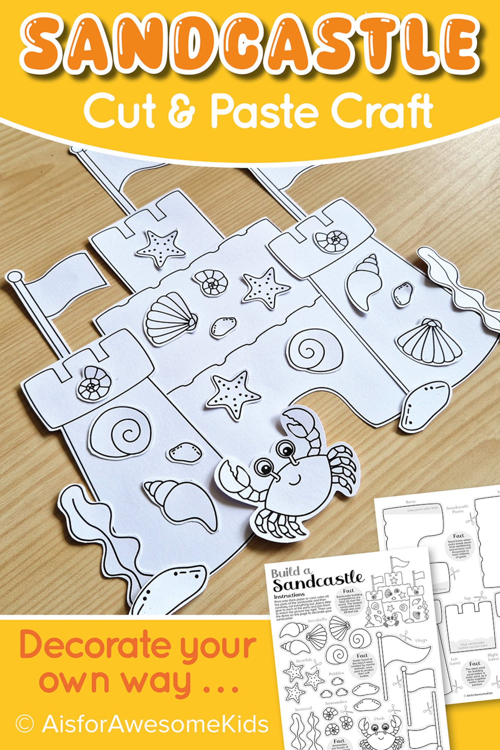 Sandcastle Cut & Paste Craft Printable, Beach Castle Color Build Kit ...