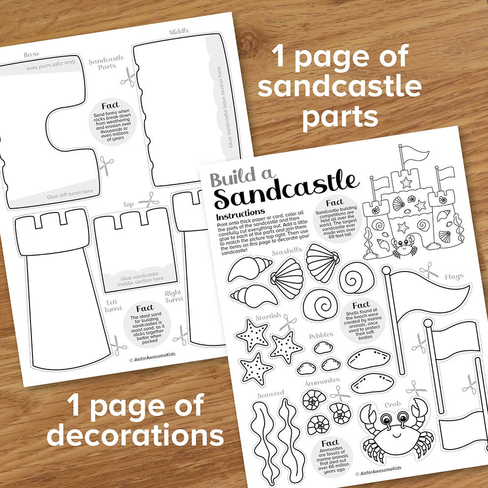 Sandcastle Cut & Paste Craft Printable, Beach Castle Color Build Kit ...