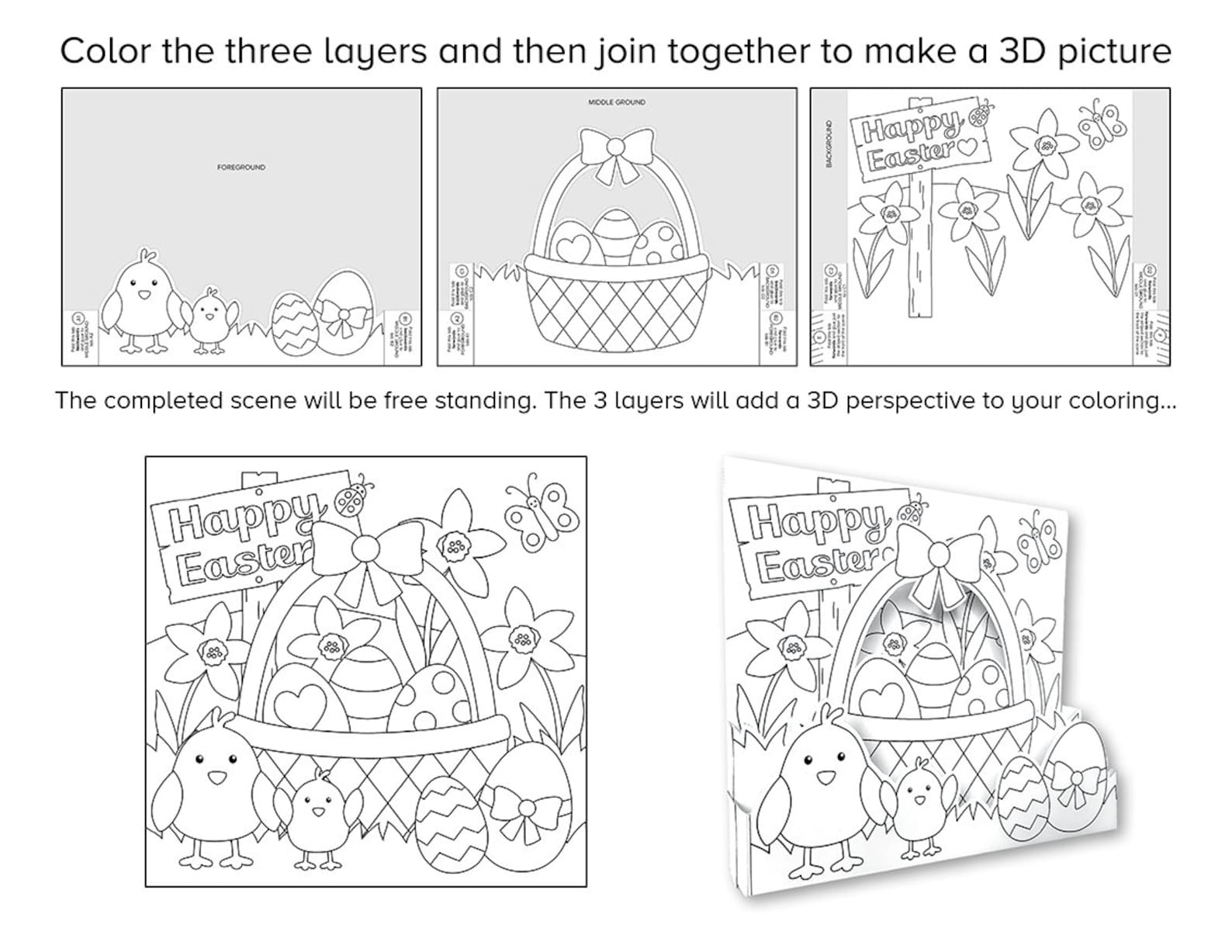 Easter Chicks 3D Coloring Scene, Spring Animals Layered Picture, Egg ...