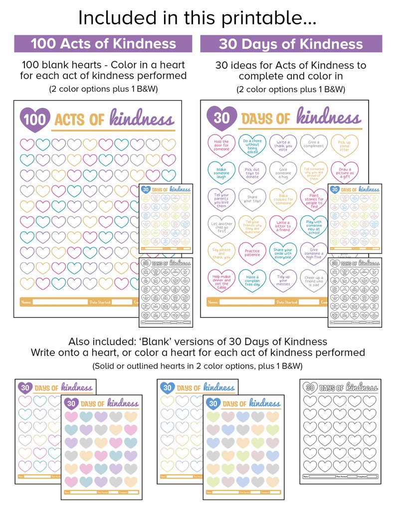 Acts of Kindness Chart for Kids, 100 Hearts Tracker Log, Spread the ...