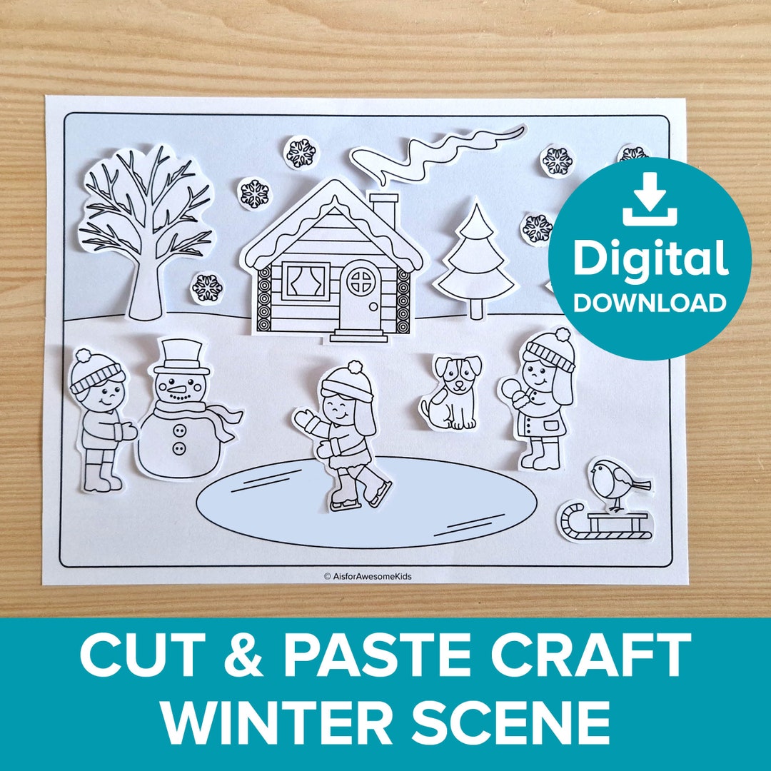 Winter Scene Cut & Paste Craft, Snowy Cabin Ice Skating Coloring Page ...
