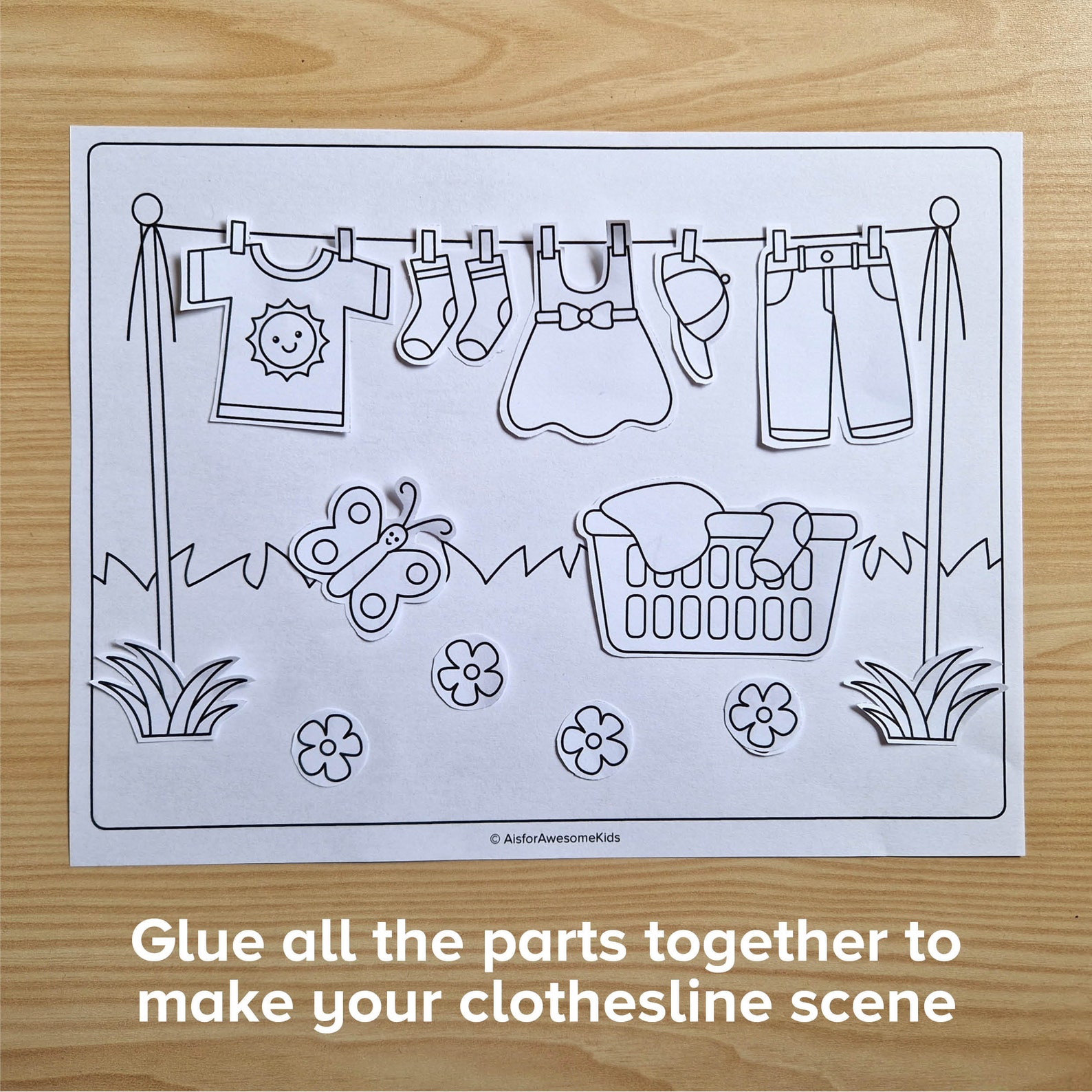 Clothesline Cut & Paste Craft, Washing Line Coloring Page Printable ...