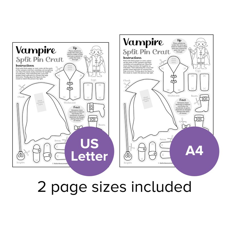 Vampire Split Pin Craft Printable, Halloween Puppet Show Paper Doll ...