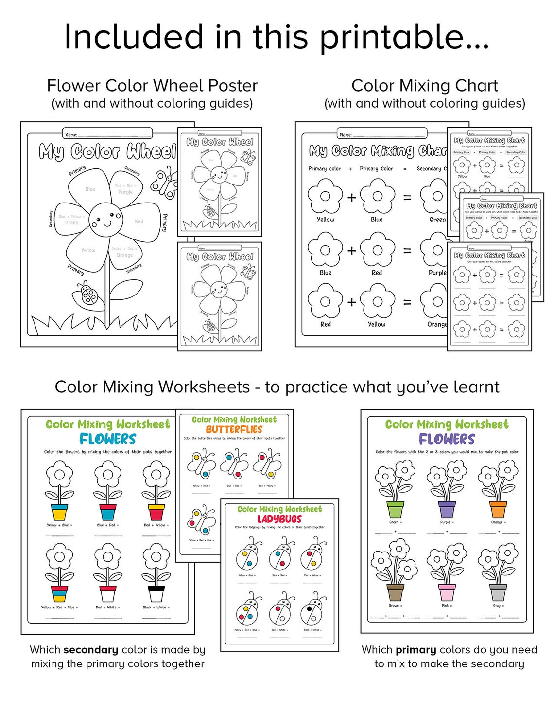 Color Mixing Worksheets, Kids Flower Painting Colour Wheel Theory ...
