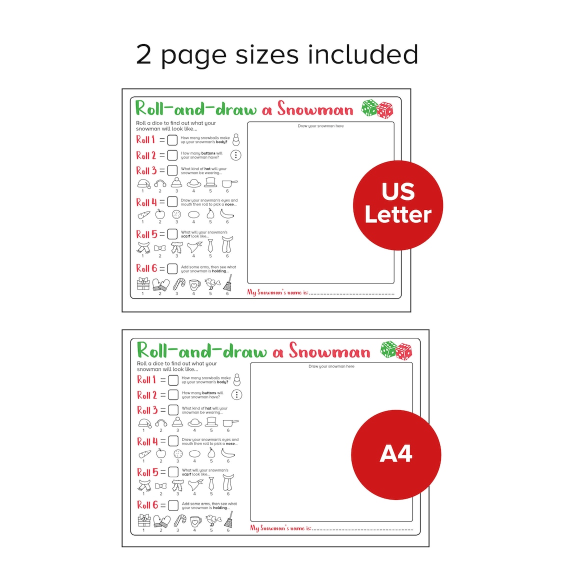 Roll & Draw a Snowman Drawing Prompt Activity, Kids Christmas Dice Game ...